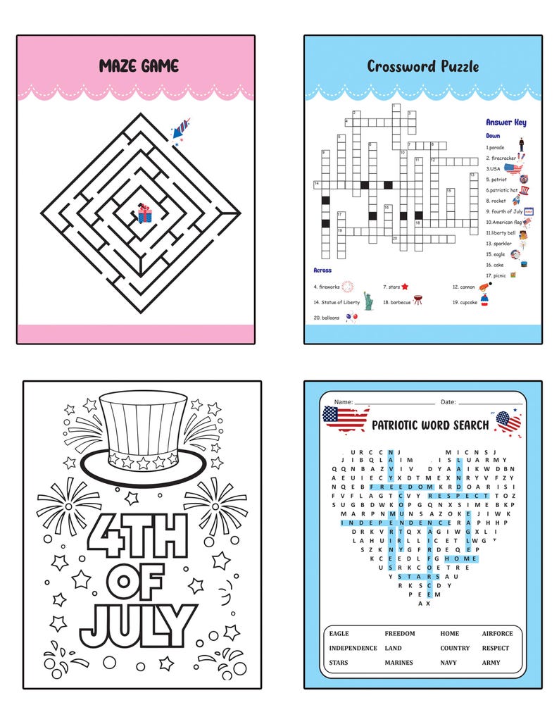 4th of July Kids Printable Kit + Certificate | Fun Holiday Games ...