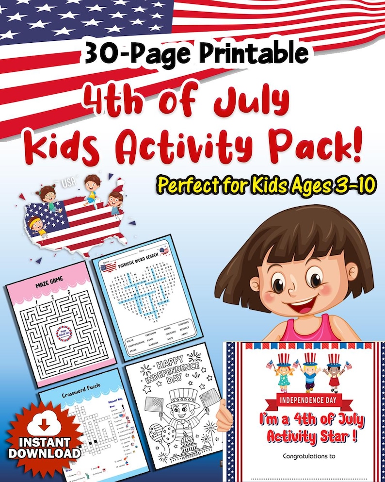 4th of July Kids Printable Kit + Certificate | Fun Holiday Games ...