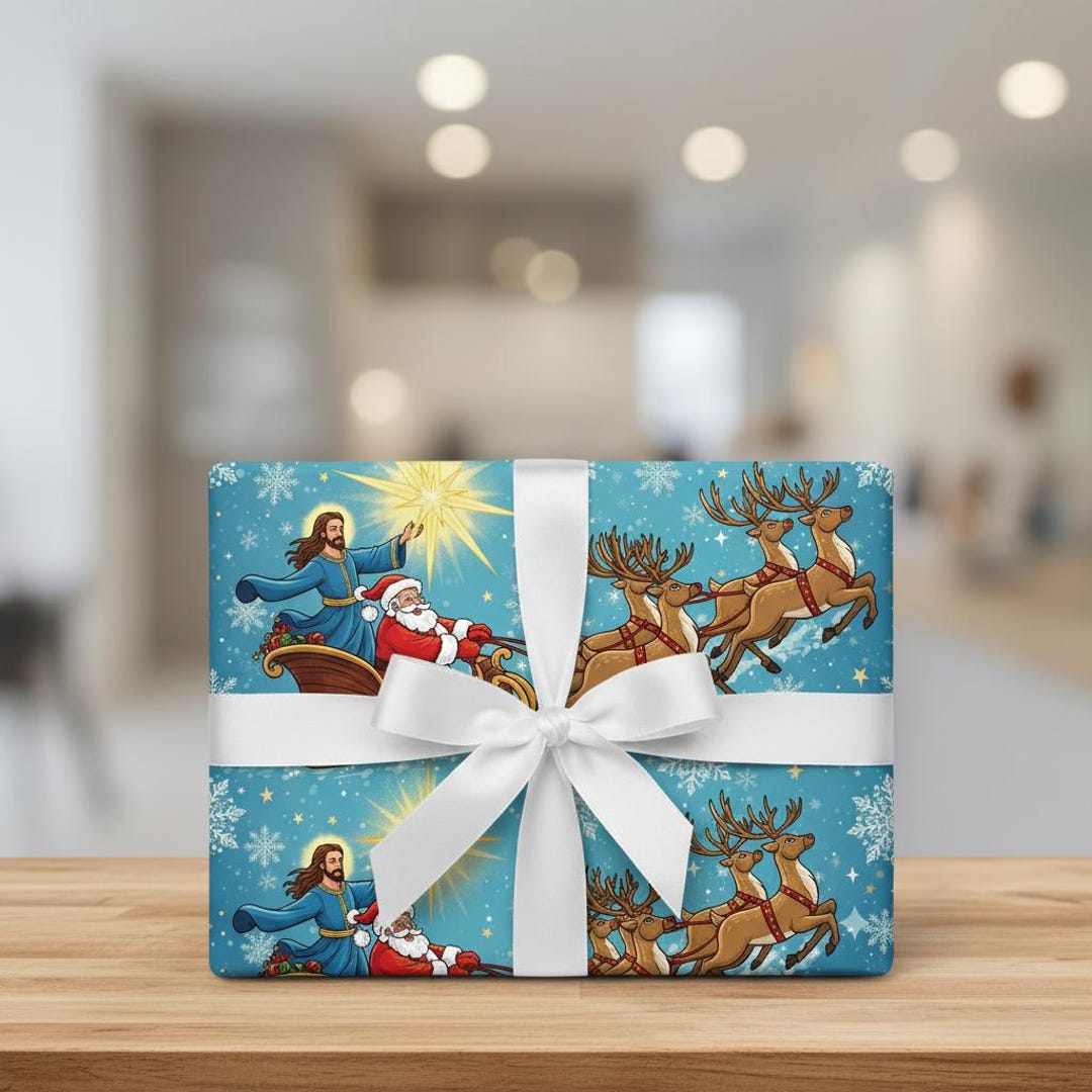 Santa Jesus Reindeer Christmas Wrapping Paper, Religious Holiday Gift ...