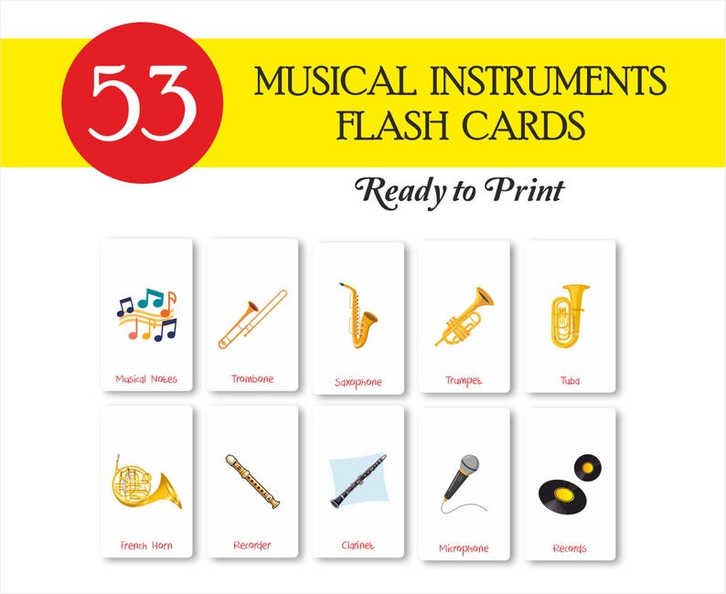 53 Musical Instruments Flash Cards, Pre-school Cards, Printable Cards ...