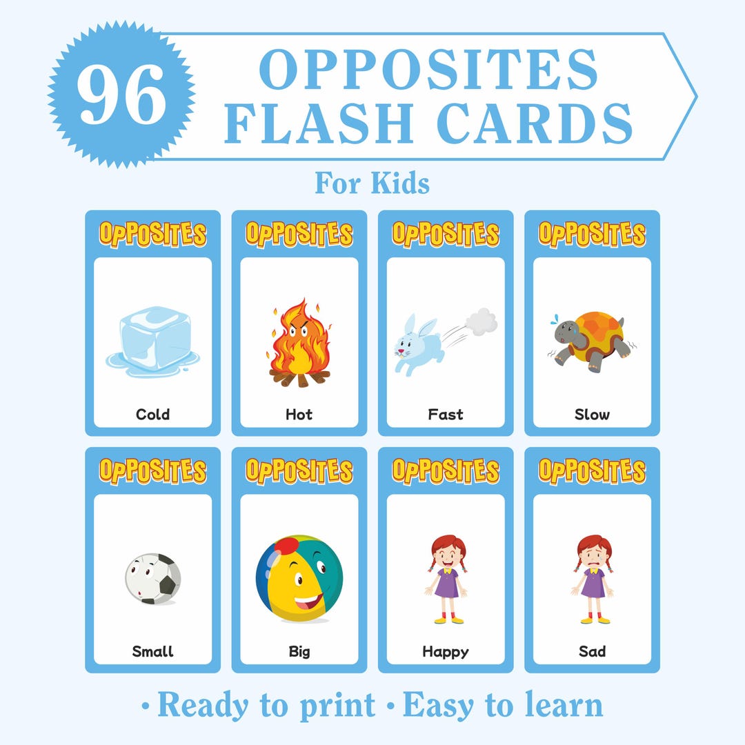 Opposites Flashcards: 96 Printable Matching Cards for Toddlers (PDF ...