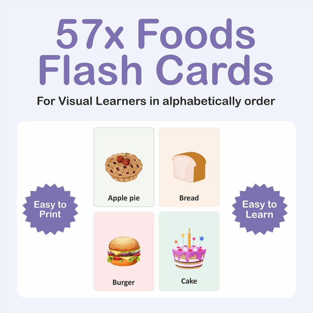 57x Clipart Printable Food Flashcards for Preschool Kids, Montessori ...
