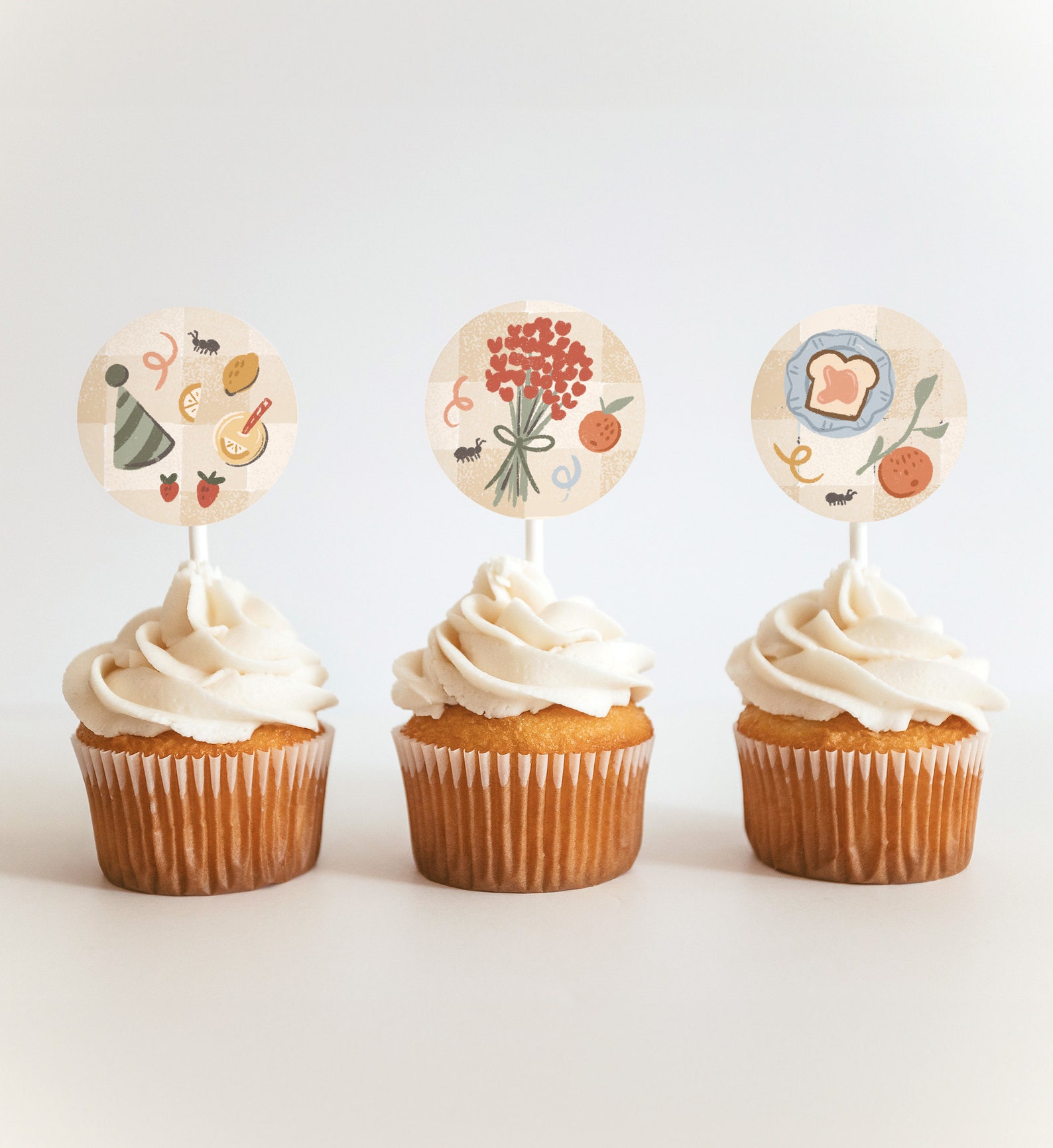Picnic Birthday Cupcake Toppers, Instant Digital Download, Round Cake ...