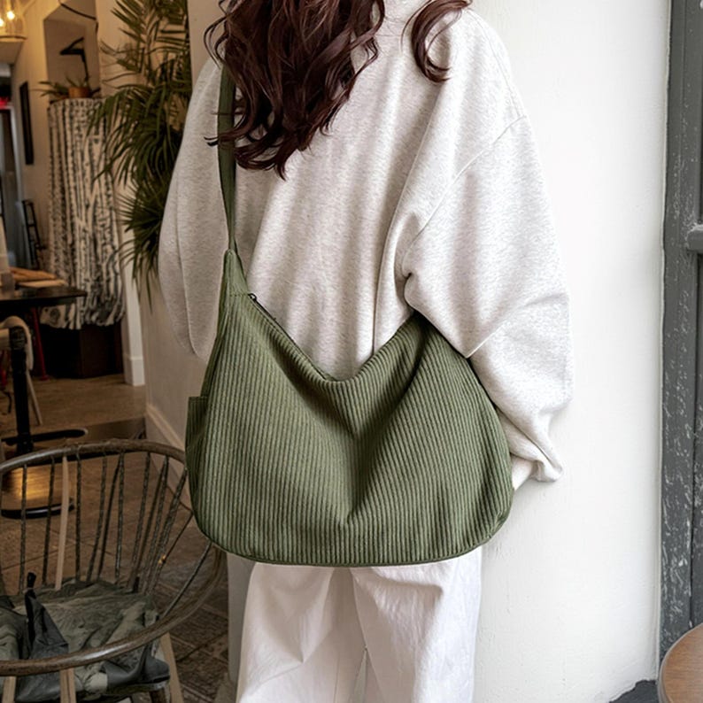 Minimalist Corduroy Shoulder Bag — Zippered Crossbody Bag, Retro Fabric ...
