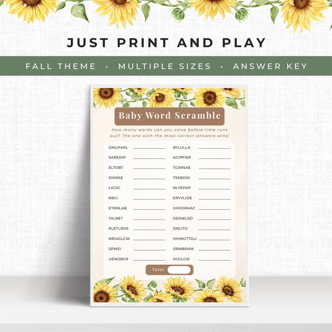 Sunflower Baby Shower Game, Word Scramble Printable, Digital Download ...