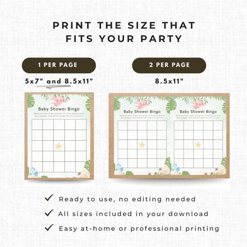 Dinosaur Baby Shower Bingo Game, Printable Dino Activity, Digital ...