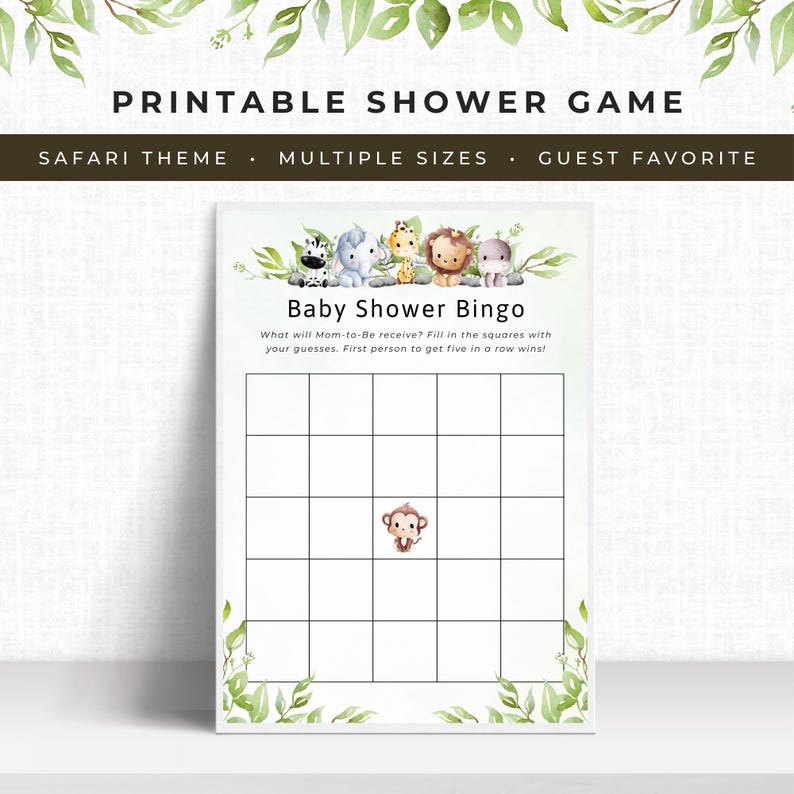 Safari Baby Shower Bingo Printable Game, Jungle Animal Baby Shower ...
