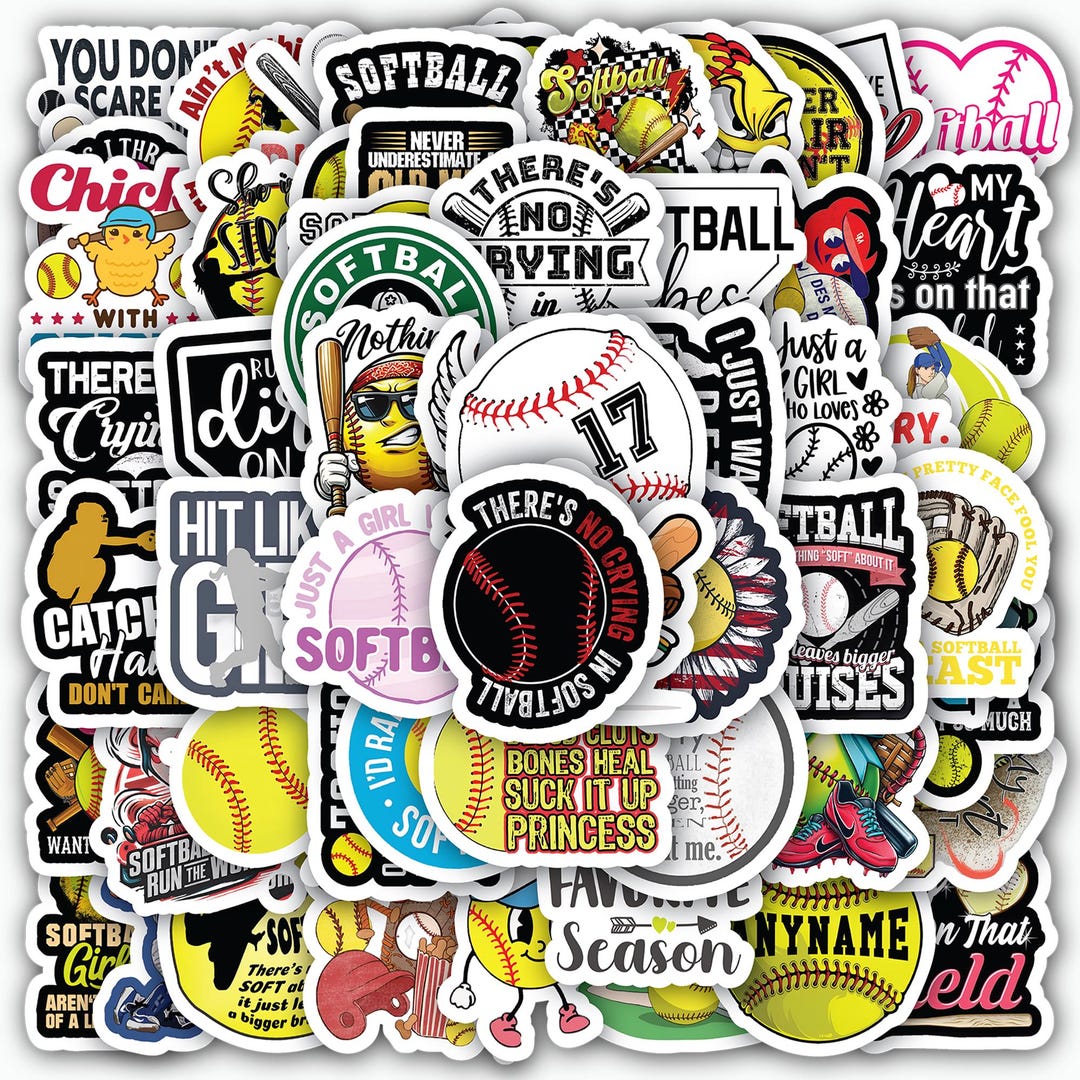 Softball Stickers Sheet - Waterproof Vinyl for Laptop, Water Bottle ...