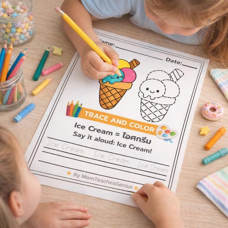 Trace and Color Worksheets Sweet Treats | Kawaii Tracing Pages for ...