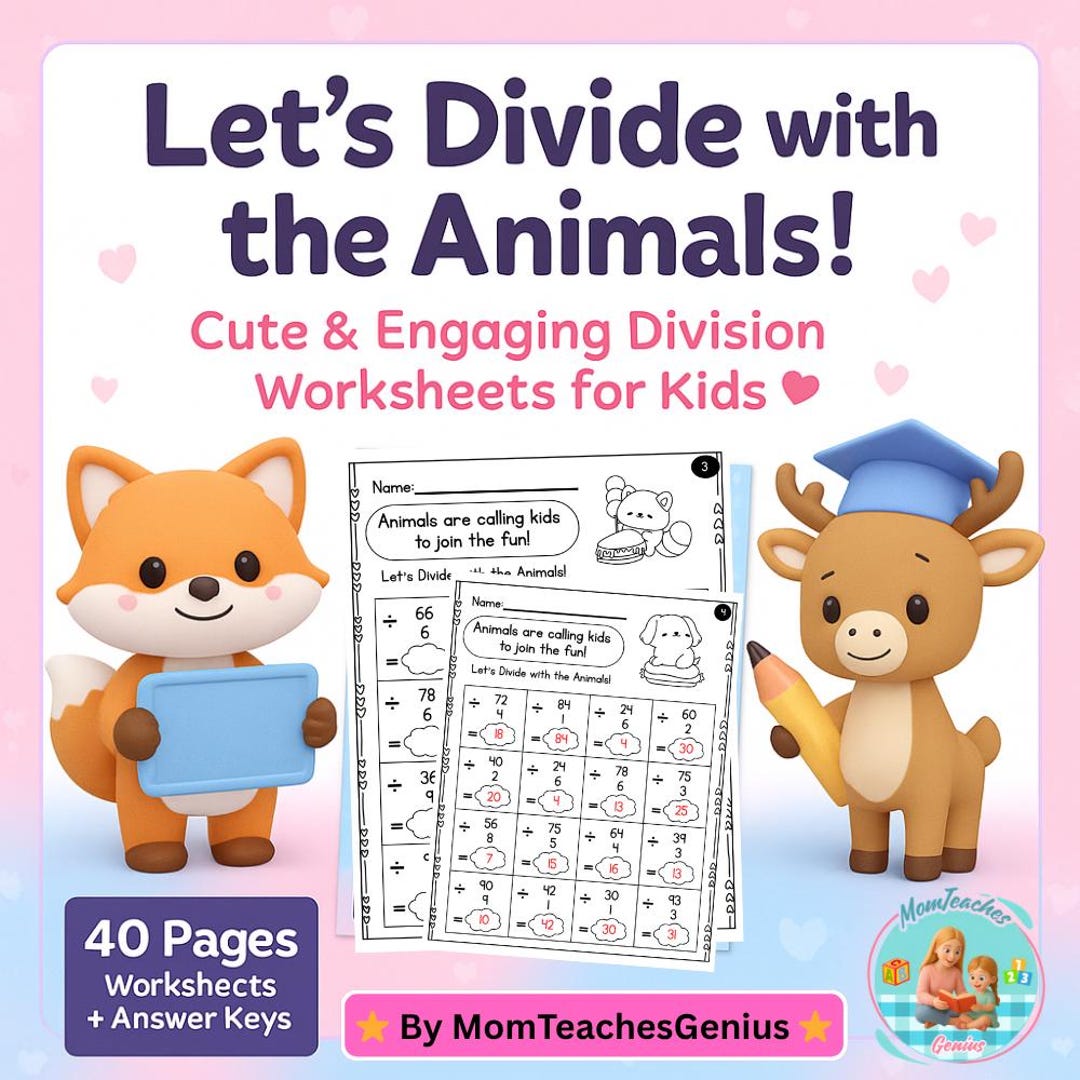 Let’s Divide With the Animals | Division Worksheets for Kids | 40 Pages ...