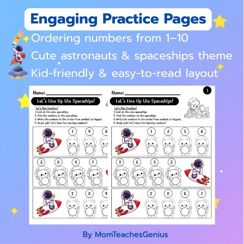 Number Ordering Worksheets Space Theme | Counting 1 to 10 | Preschool ...