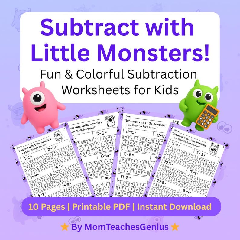 Subtraction Worksheets for Kids | Monster Math Printable PDF | Fun ...