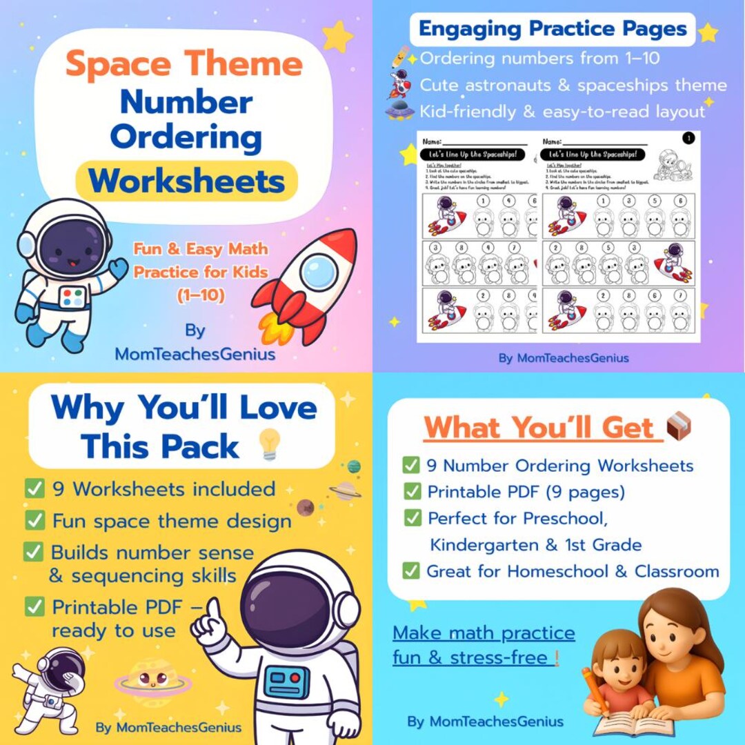 Number Ordering Worksheets Space Theme | Counting 1 to 10 | Preschool ...