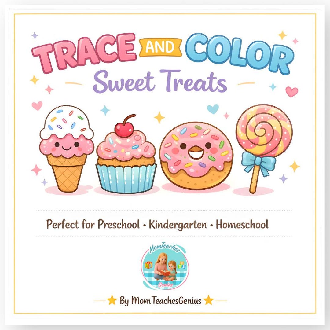Trace and Color Worksheets Sweet Treats | Kawaii Tracing Pages for ...