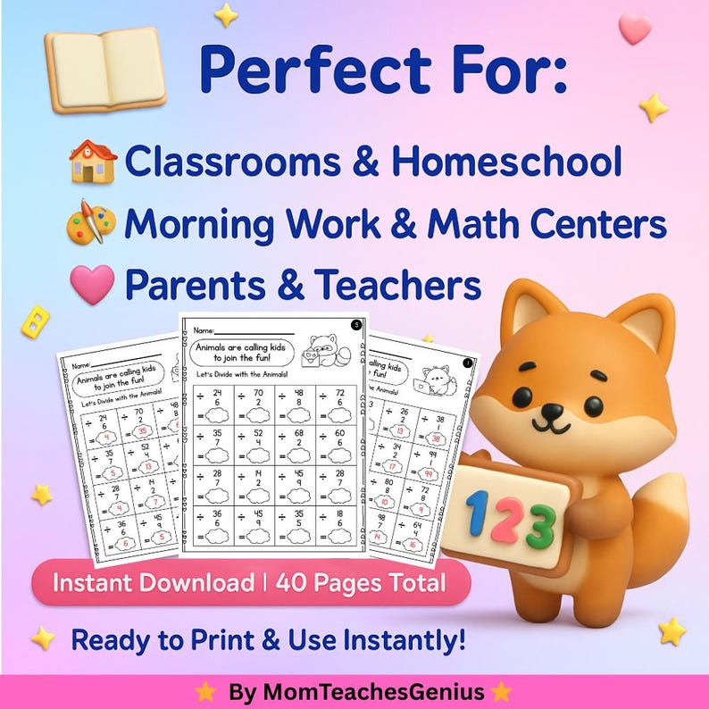 Let’s Divide With the Animals | Division Worksheets for Kids | 40 Pages ...
