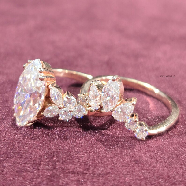 Marquise Cut Moissanite Engagement Ring Set Leaf Cluster Wedding Band ...