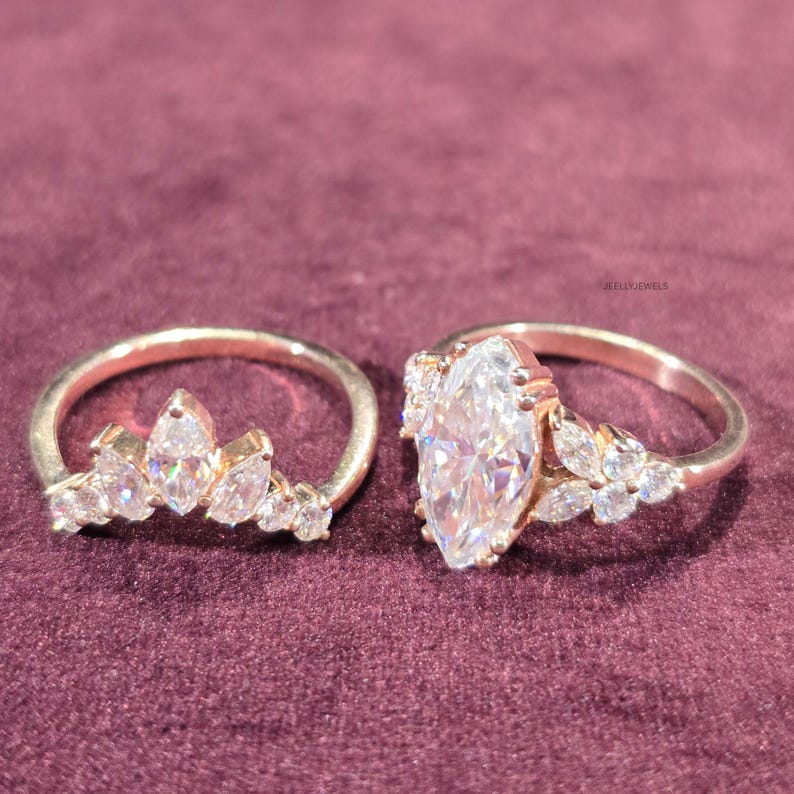 Marquise Cut Moissanite Engagement Ring Set Leaf Cluster Wedding Band ...