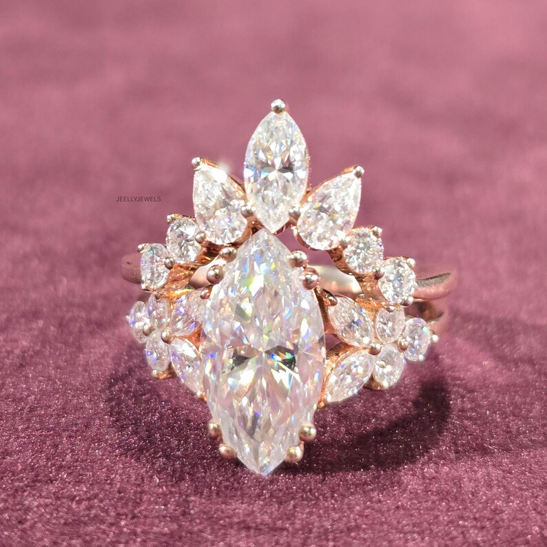 Marquise Cut Moissanite Engagement Ring Set Leaf Cluster Wedding Band ...