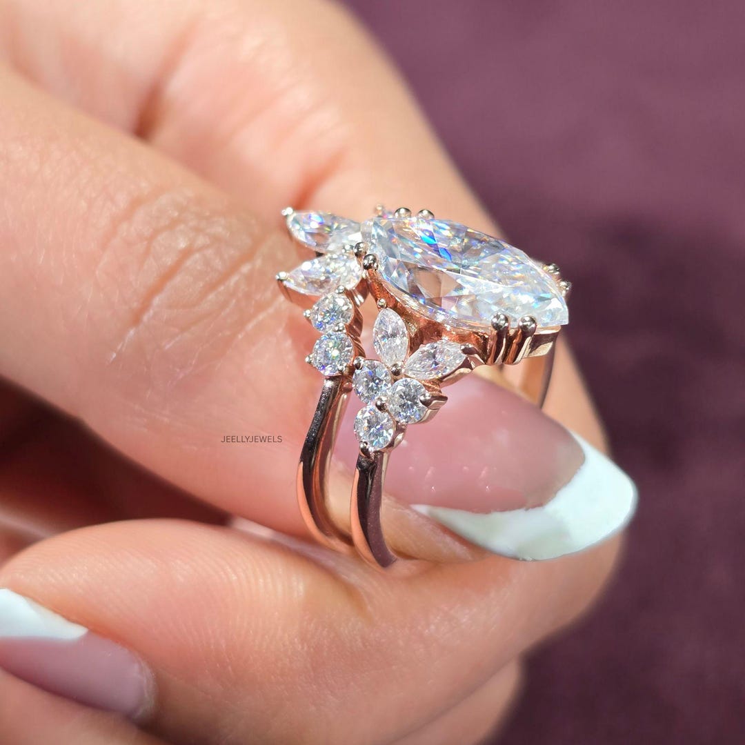 Marquise Cut Moissanite Engagement Ring Set Leaf Cluster Wedding Band ...