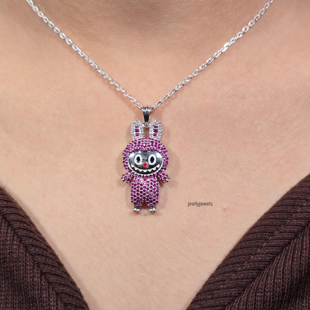 Labubu Pendant Necklace Silver With American Diamond & Pink Stone Hip ...