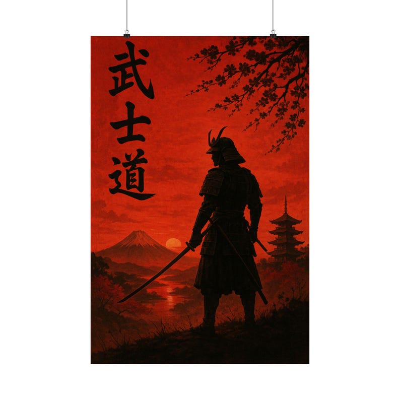 Samurai Sunset Matte Vertical Poster, Japanese Warrior Katana Mountain ...