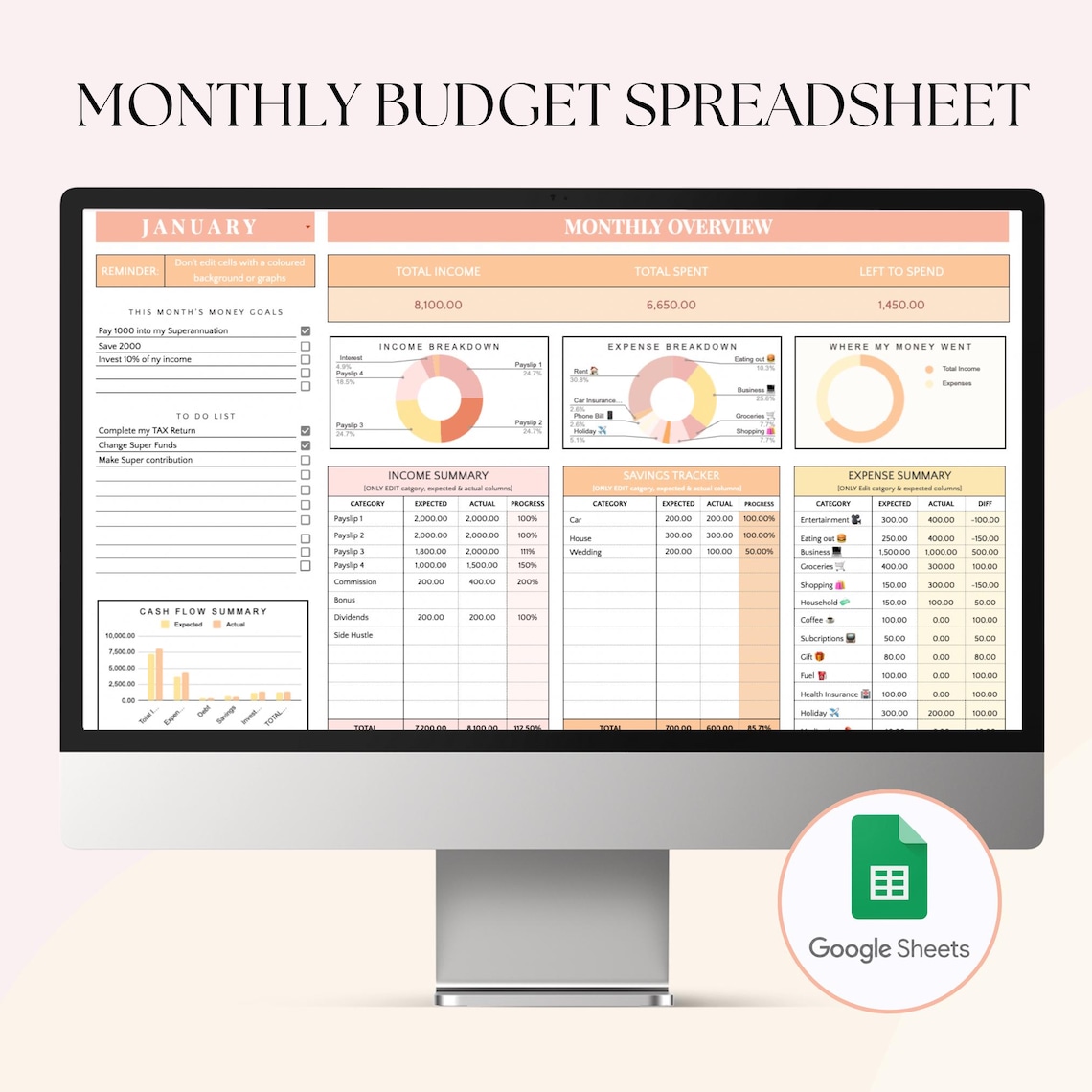 Monthly Budget Spreadsheet - Google Sheets Template - Etsy