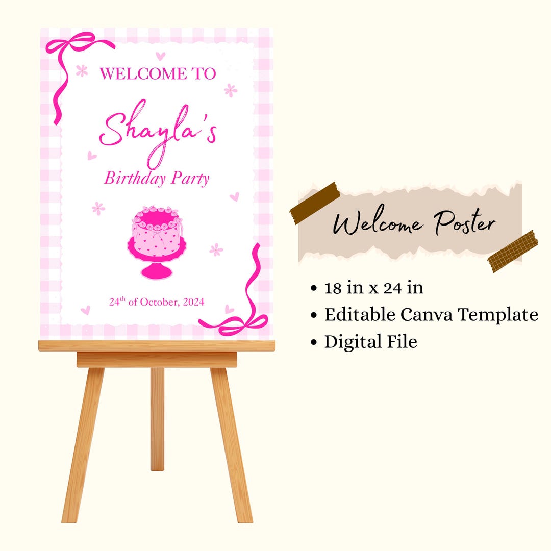 Pink Birthday Welcome Poster Template | Editable Canva Party Sign ...