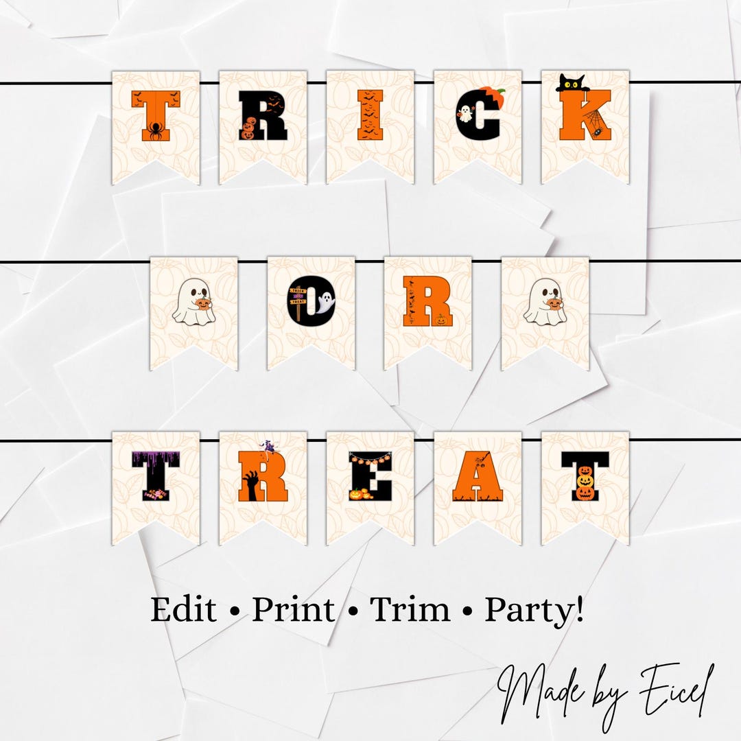 Printable Halloween Banner Trick or Treat in Orange Black & Cream ...