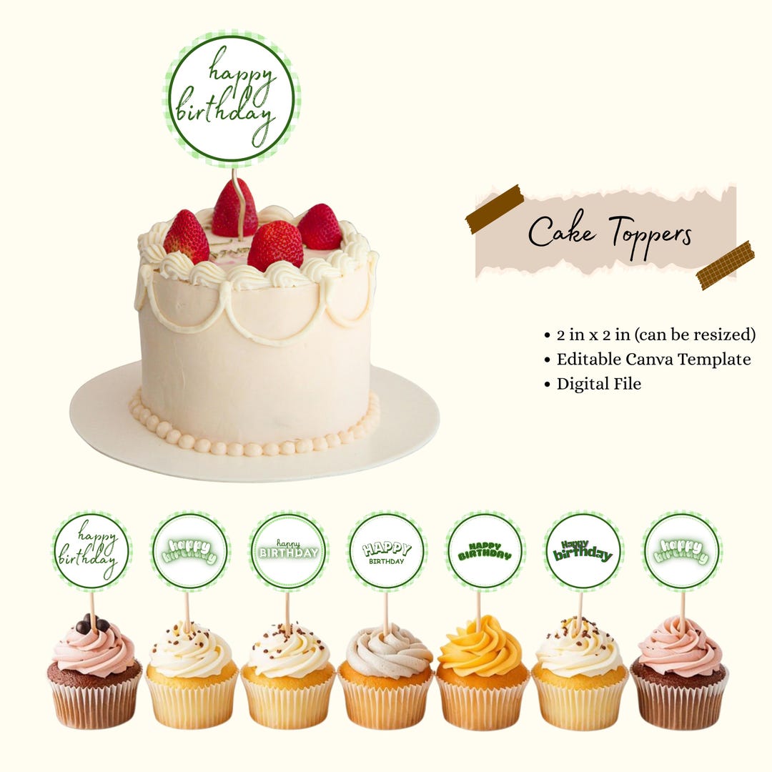 Green Birthday Cake Topper Printable • Editable Canva Template • Green ...