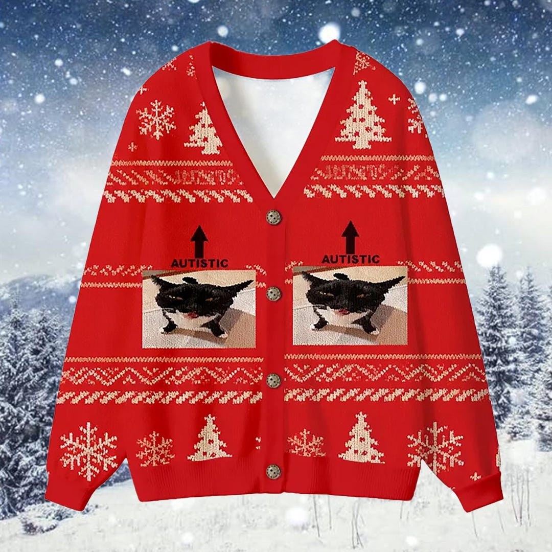 Funny Cat Meme Cardigan With Red Holiday Knit Pattern,cozy Button-up ...