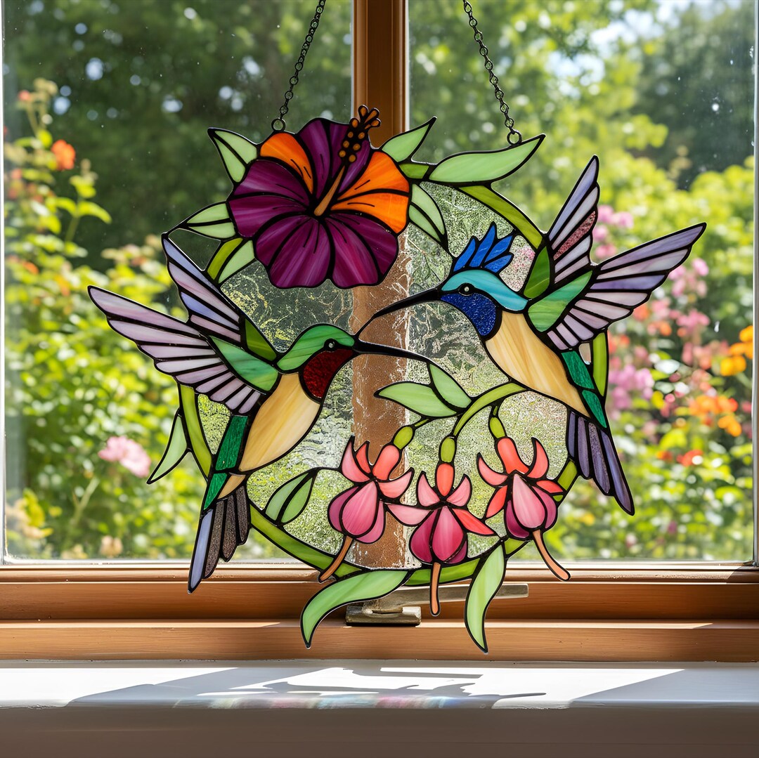 Hummingbird Wreath Stained Glass Suncatcher, Floral Hummingbird Window ...