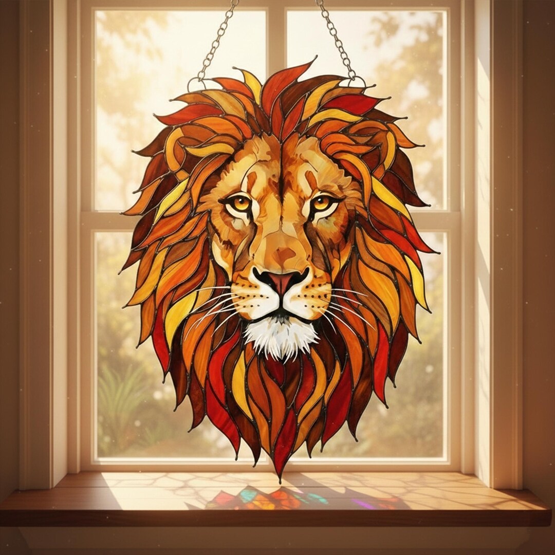 Lion Stained Glass Suncatcher, Majestic Lion Window Hanging, Wildlife ...