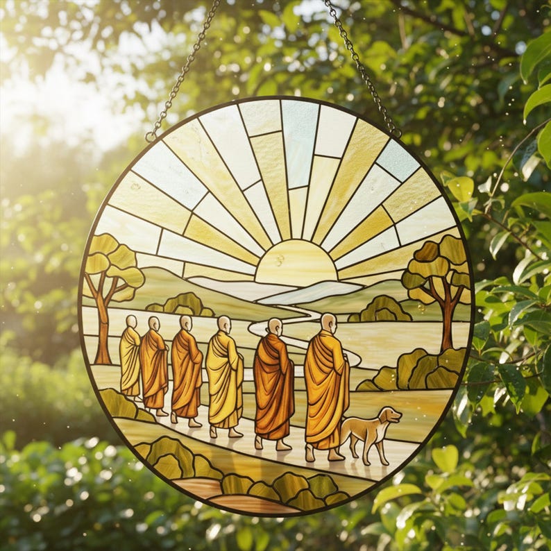 Buddhist Monks Acrylic Suncatcher, Stained Glass Style Spiritual Window ...