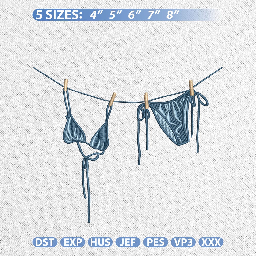 Blue Coastal Swimsuit Embroidery Design, Summer Bikini on Clothesline ...