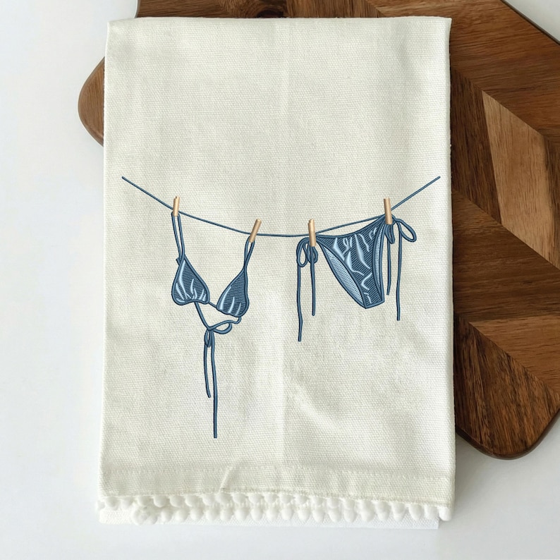 Blue Coastal Swimsuit Embroidery Design, Summer Bikini on Clothesline ...