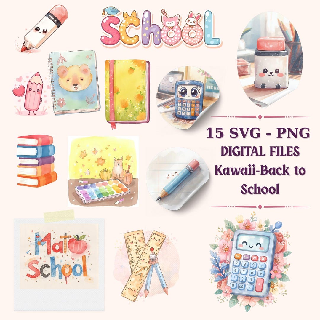 Kawaii School Clipart: Watercolor Back to School Stickers (SVG, PNG ...