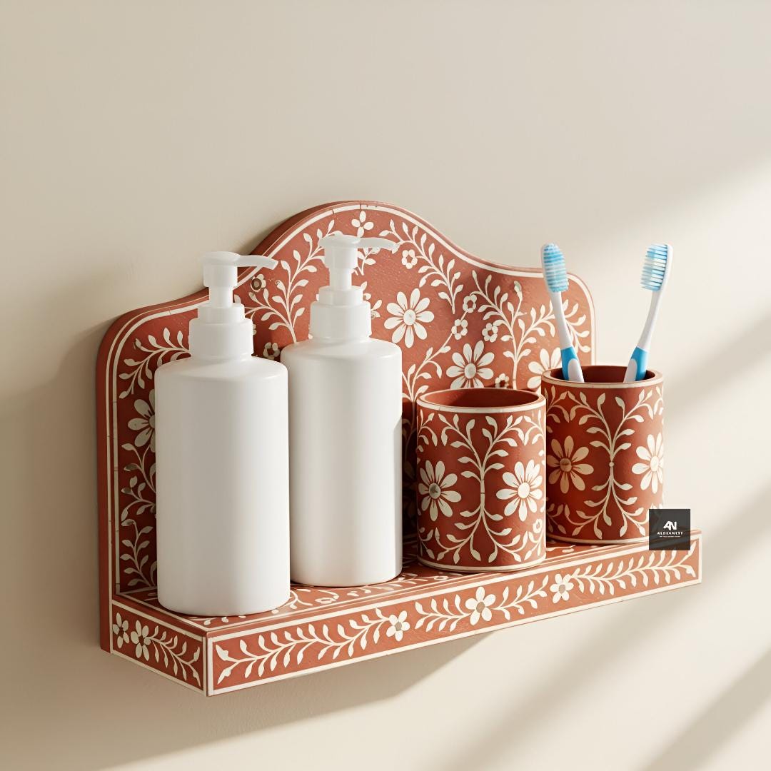 Terracotta Bone Inlay Wall Shelf | Floral Pattern Vanity Organizer ...