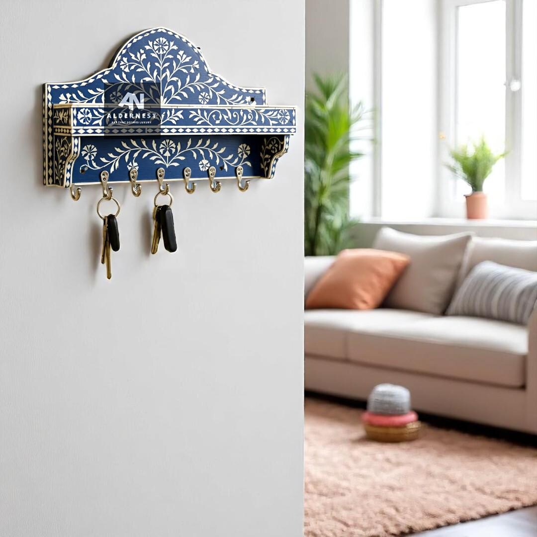 Arched Blue Bone Inlay Key Holder Shelf – Handcrafted Floral Wall ...