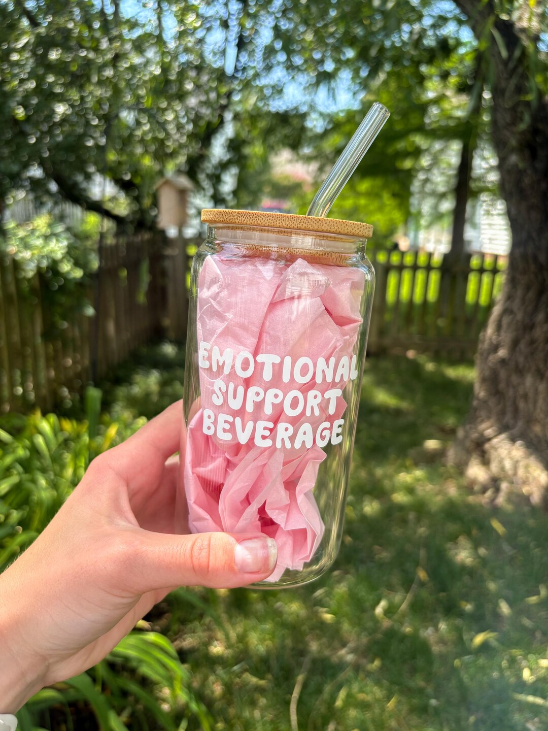Emotional Support Beverage Glass Cup | Bamboo Lid & Glass Straw, 16oz ...