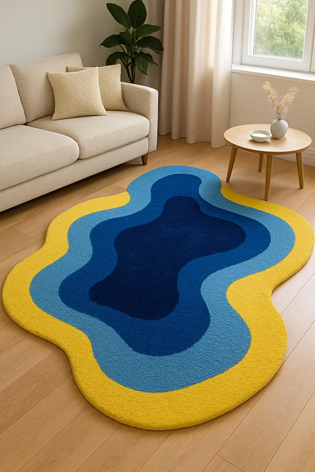 Blue & Yellow Wave Tufted Rug: Hand Tufted, Living Room Carpet - Etsy