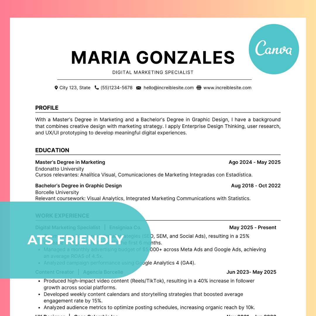 ATS Resume Template for Canva, ATS Friendly CV, Minimalist Resume for ...