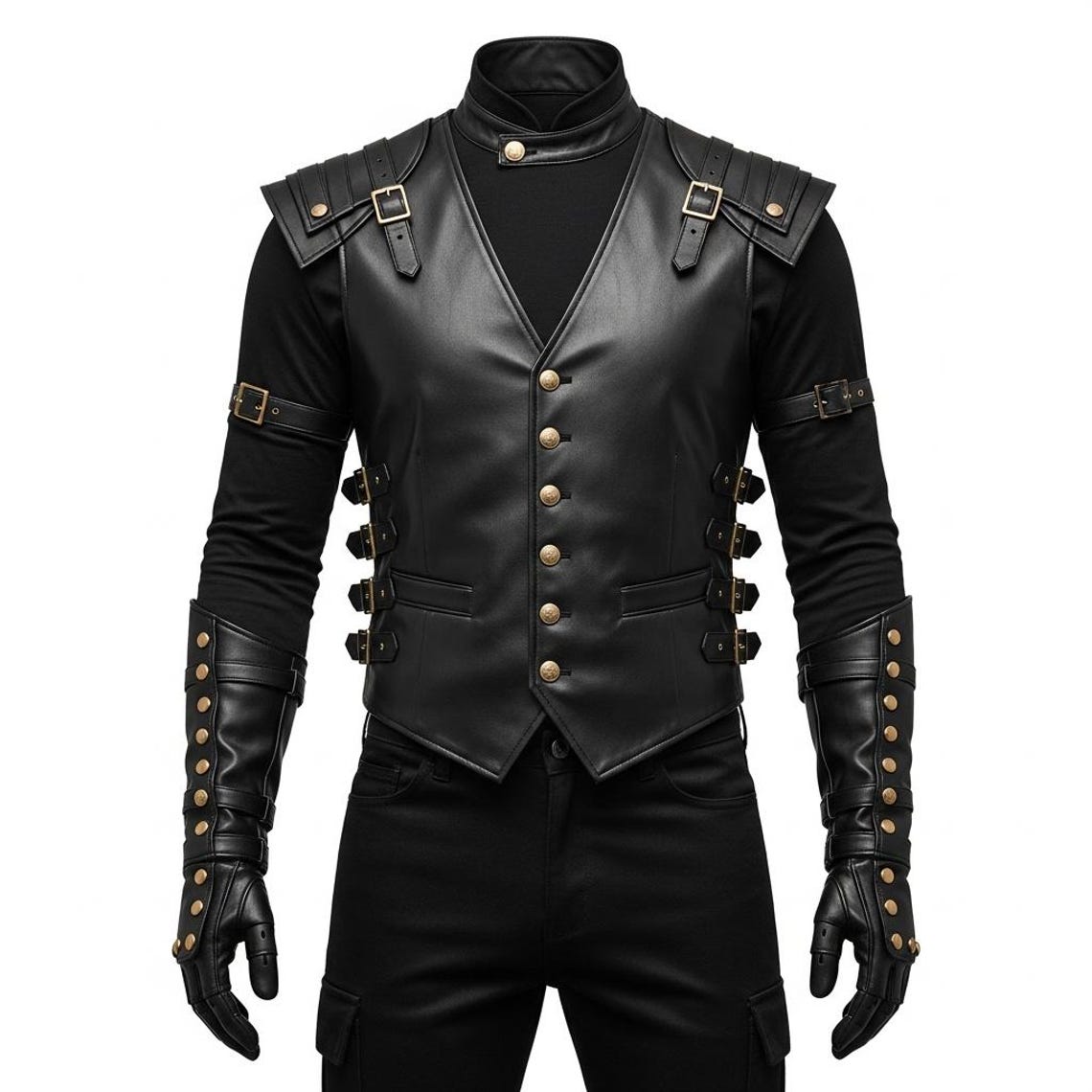 Mens Genuine Black Leather Biker Vest With Armor | Real Leather Cosplay ...
