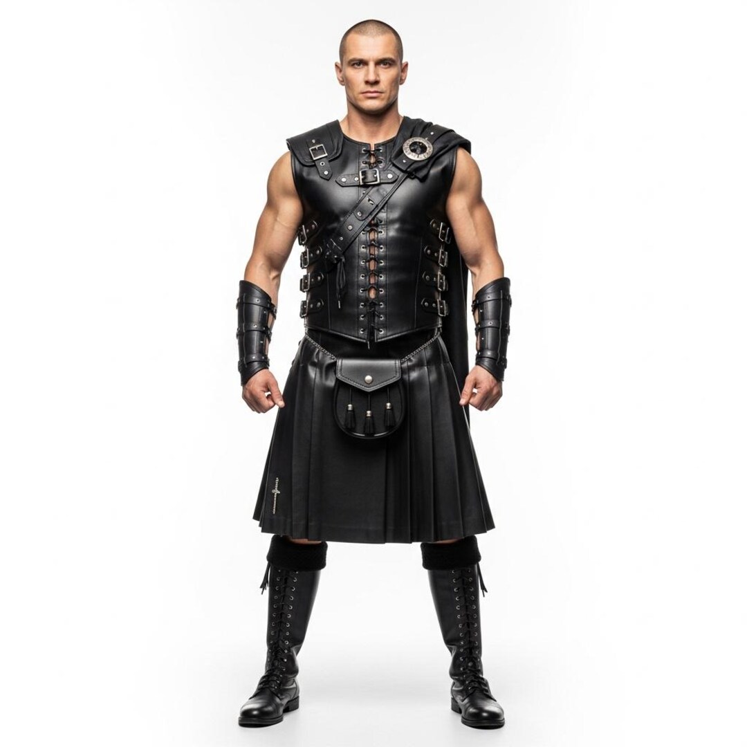 Mens Genuine Black Leather Cosplay Vest and Gladiator Kilt | Custom ...