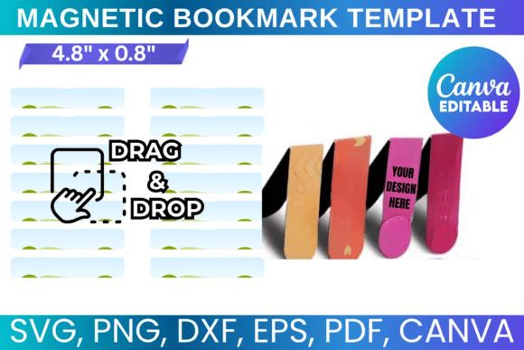 Magnetic Bookmark Canva Template, Editable Bookmarks 4.8x0.8 Inch, Drag ...
