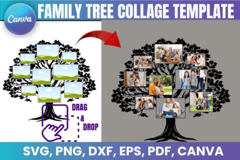 Family Tree Collage Canva Template | Editable Family Photo Tree SVG PNG ...