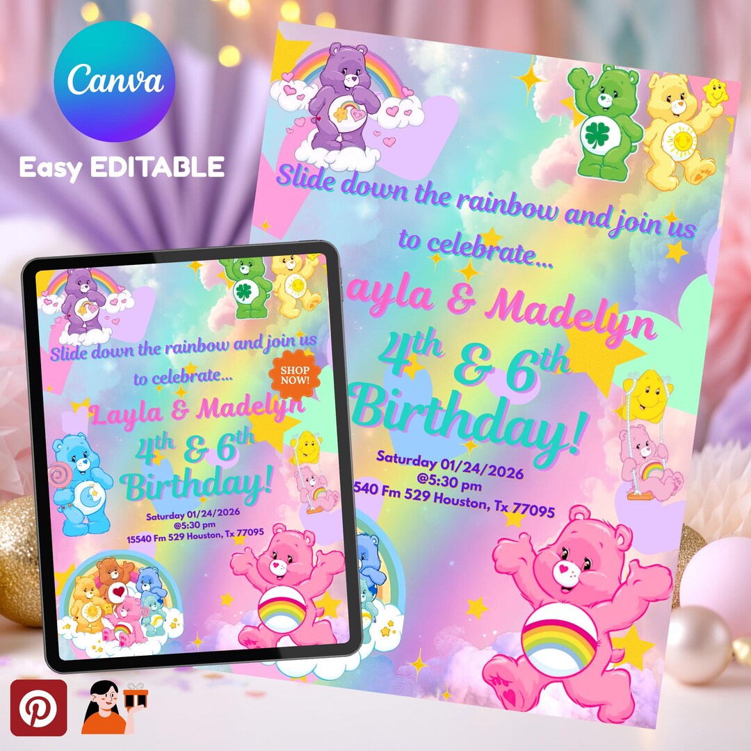 Care Bears Birthday Invitation Template Editable Canva, Rainbow Bear ...