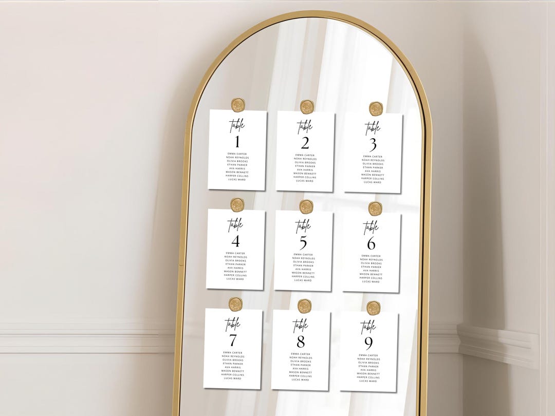 Mirror Seating Chart Cards Template - Wedding Table Numbers, Seating ...