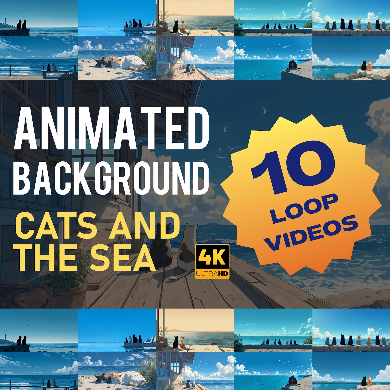 Cats by the Sea Animated Background | Cozy Anime Ocean Loop 4K - Etsy