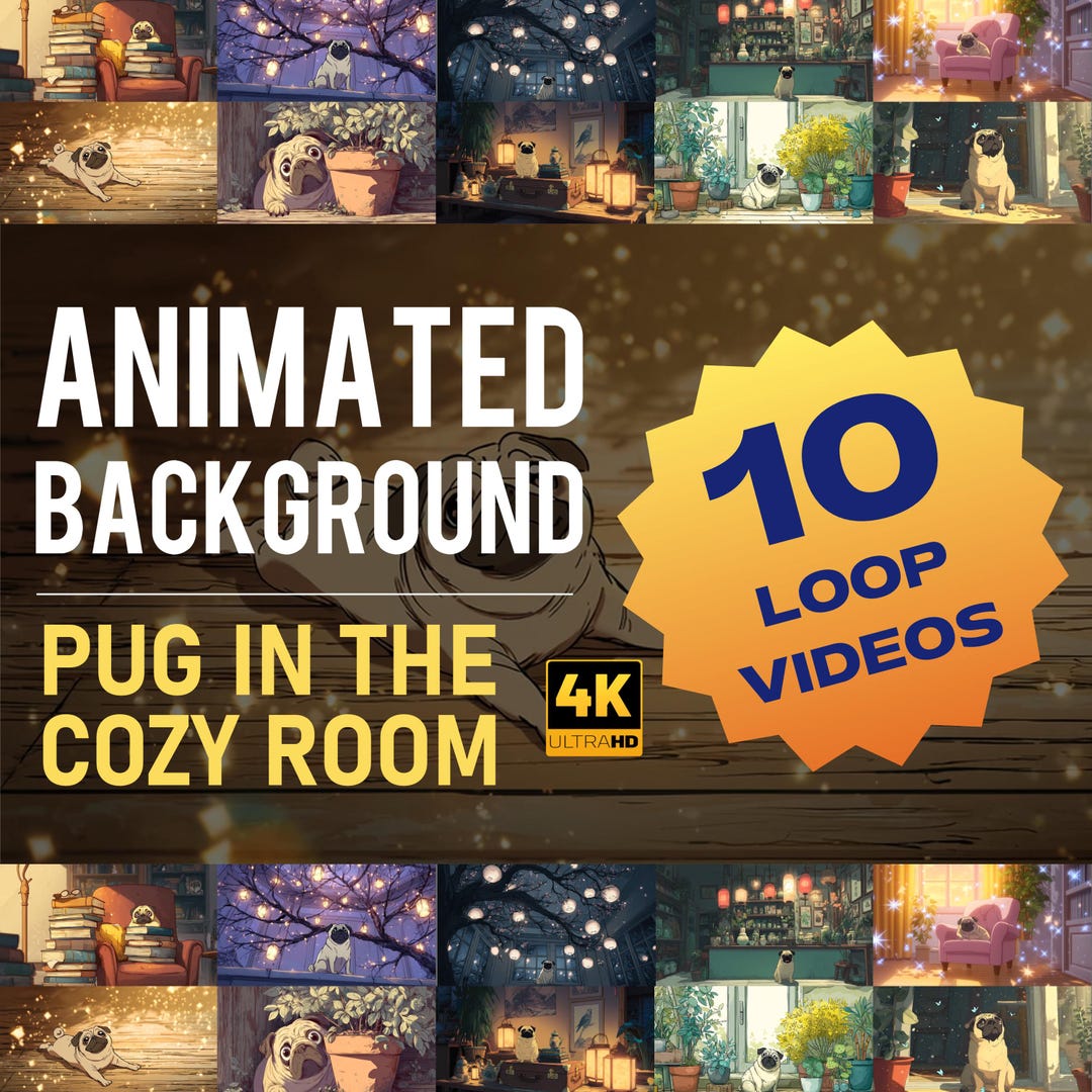 Pug in the Cozy Room Animated Background 10 Loop Videos Cute Pug Cozy ...