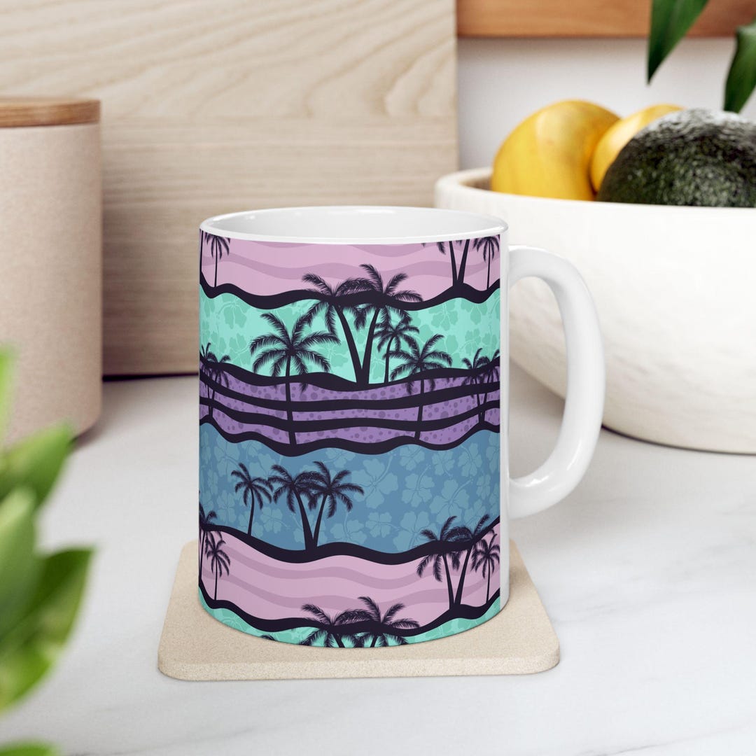 Tropical Palm Tree Mug - Pastel Ocean Wave Design Coffee Cup for ...